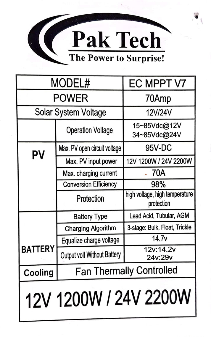 Paktech MPPT Non Hybrid Solar Charge Controller 70A 2025 Model